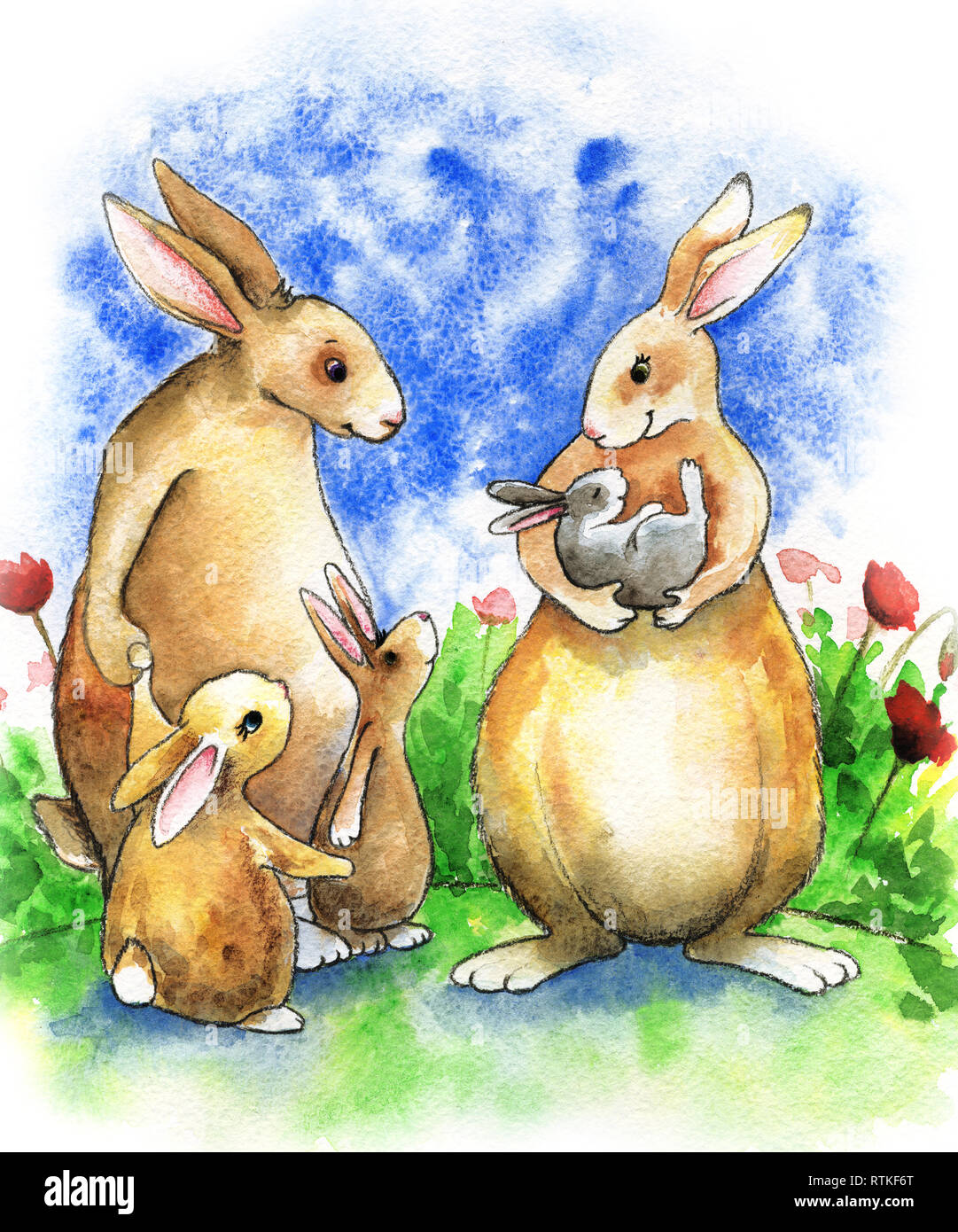 A large family of rabbits stands in a summer glade. Mom holds the ...