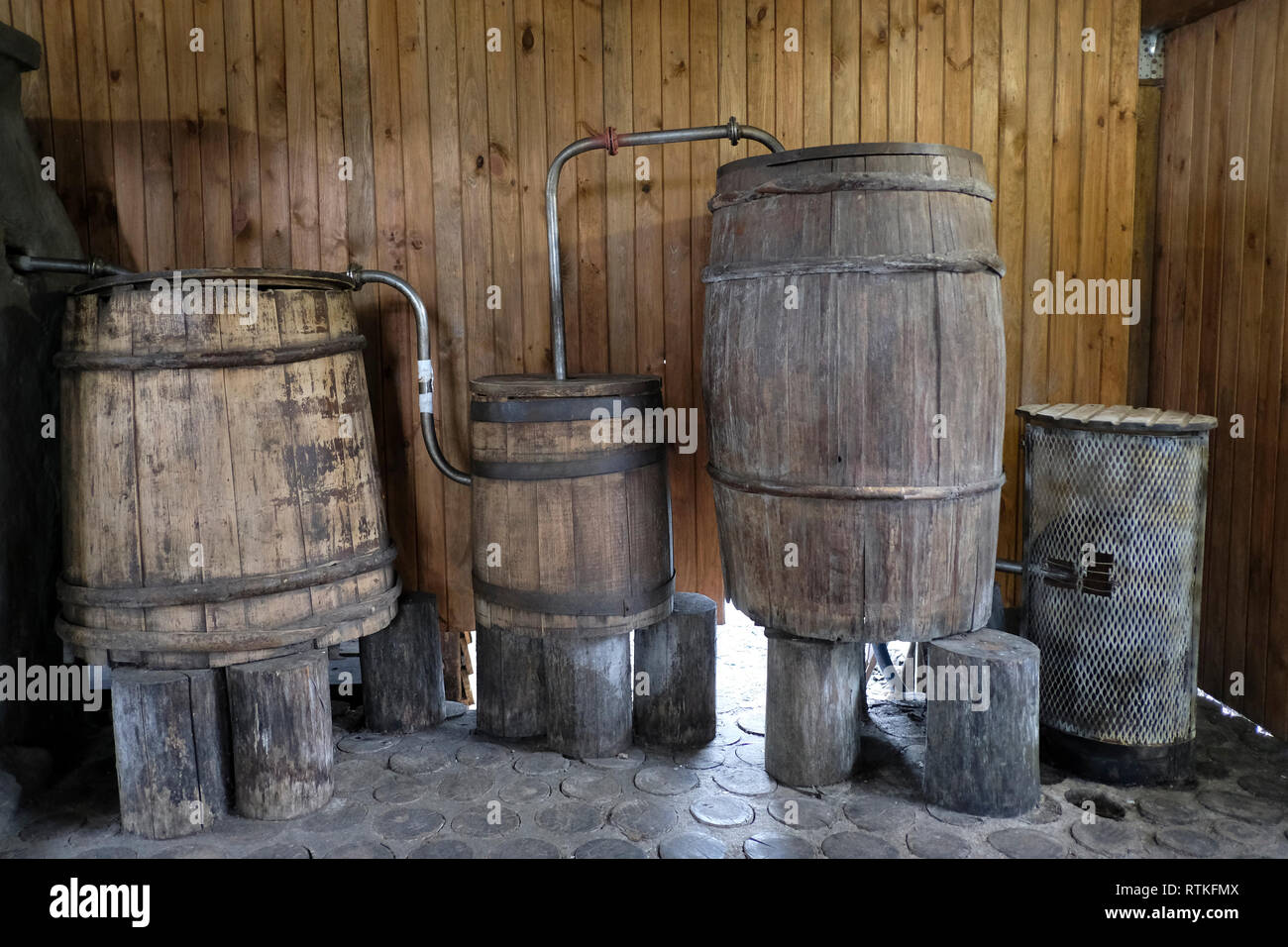 Oak barrels for making homemade Samogon distilled alcoholic beverage ...