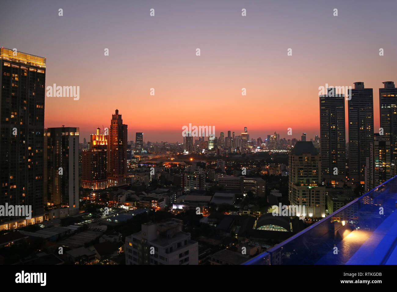 Stunning panoramic view of Bangkok downtown with vibrant color sunset ...