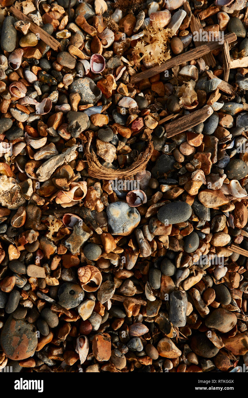 Abstract of pebble beach with tide wrack washed ashore at low tide ...