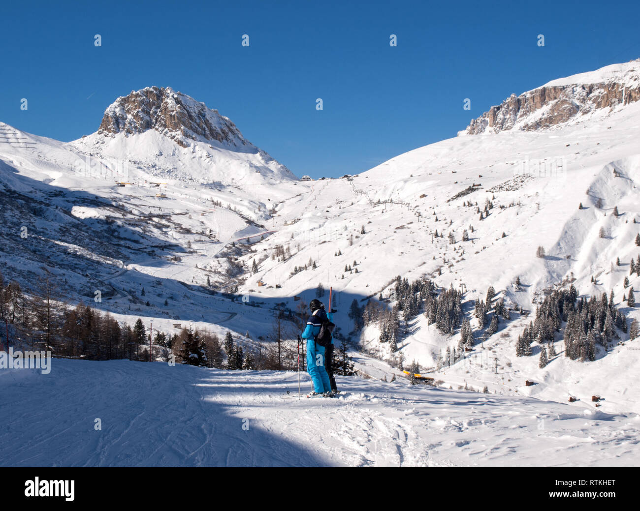 Skiing area in the Dolomites Alps. Overlooking the Sella group in Val ...