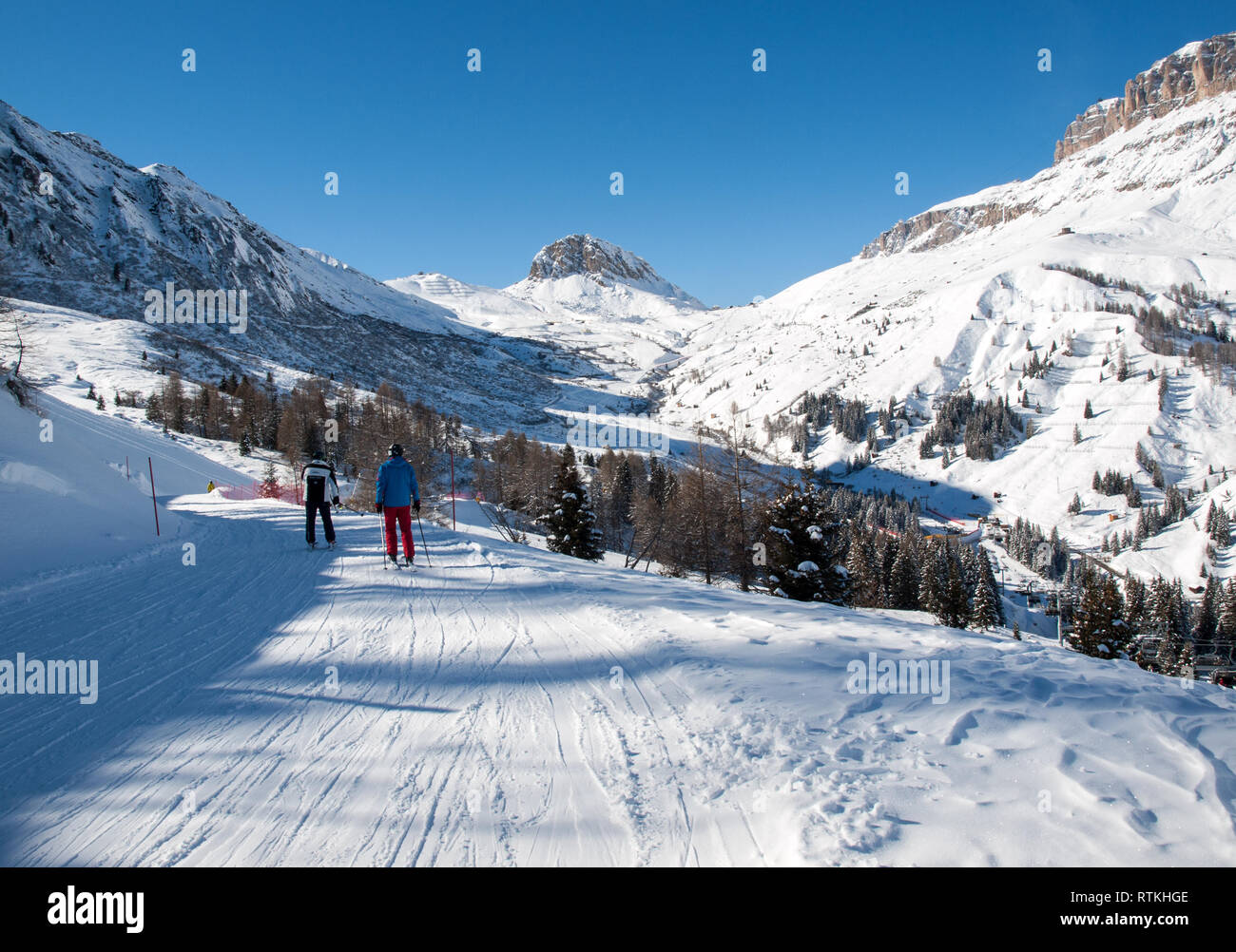 Skiing area in the Dolomites Alps. Overlooking the Sella group in Val ...
