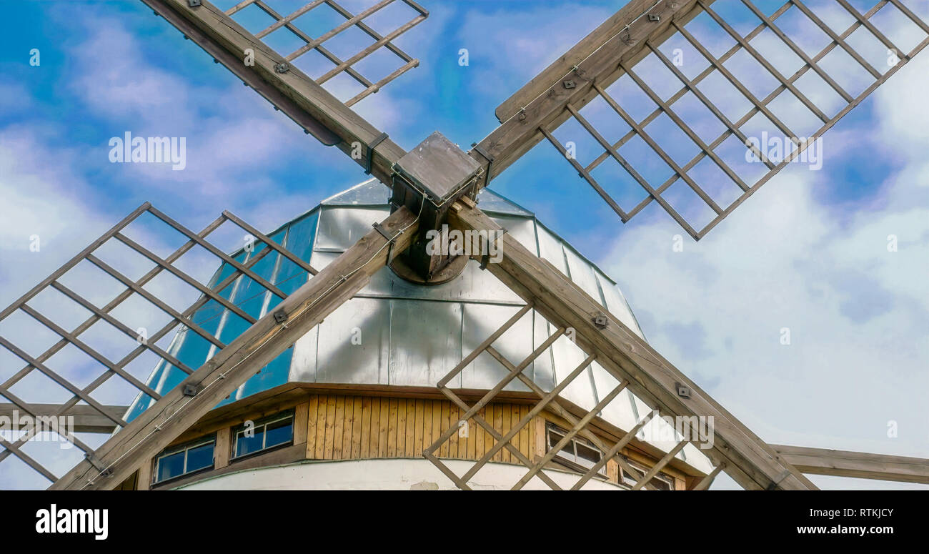 Closer look of the steel blades of the old windmill. It is located in ...