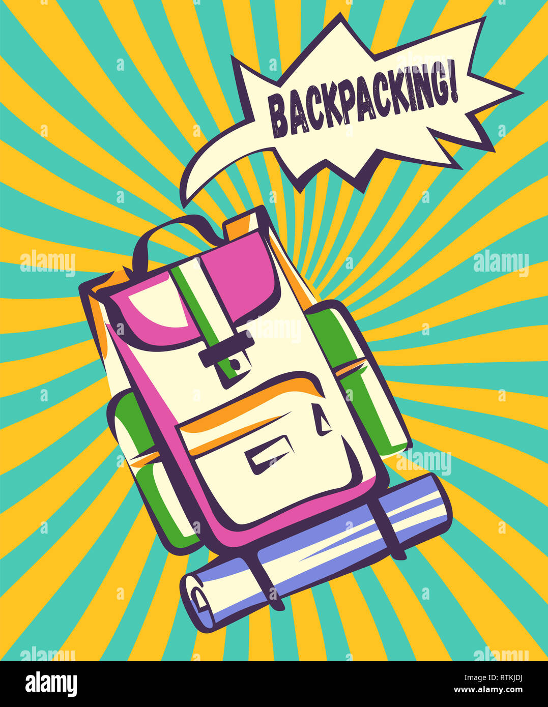 Backpacking retro illustration. Backpack with comic speech explosion ...