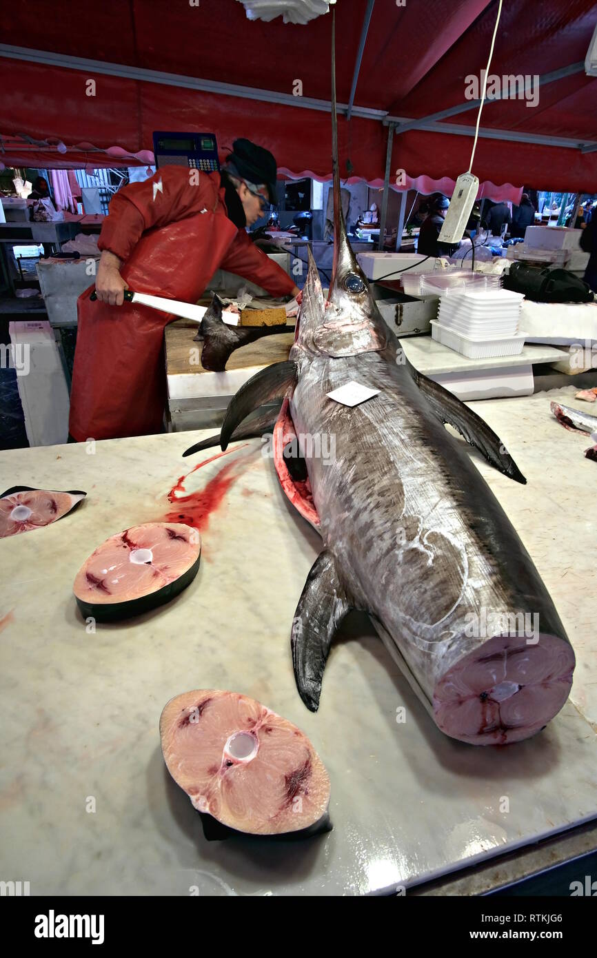 open-air fish market "La pescheria" in Catania downtown, Italy Stock ...