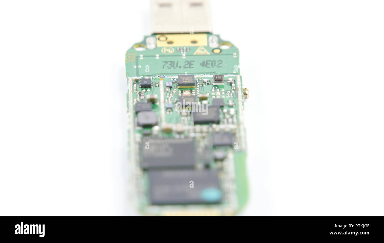 The chipboard of the USB storage with small wires inside. A USB is a ...