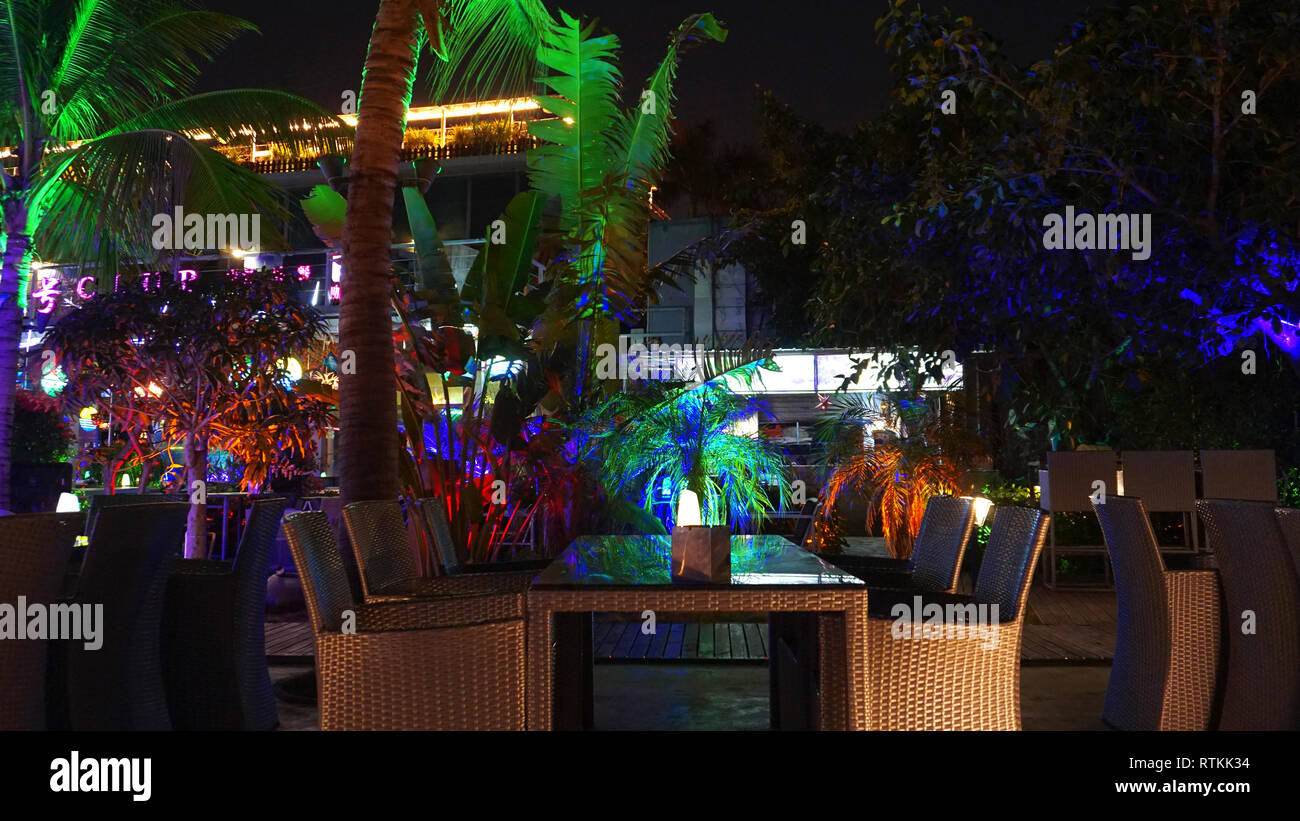 Night club, bar, cafe. Tropical beach club bar at night with purple ...