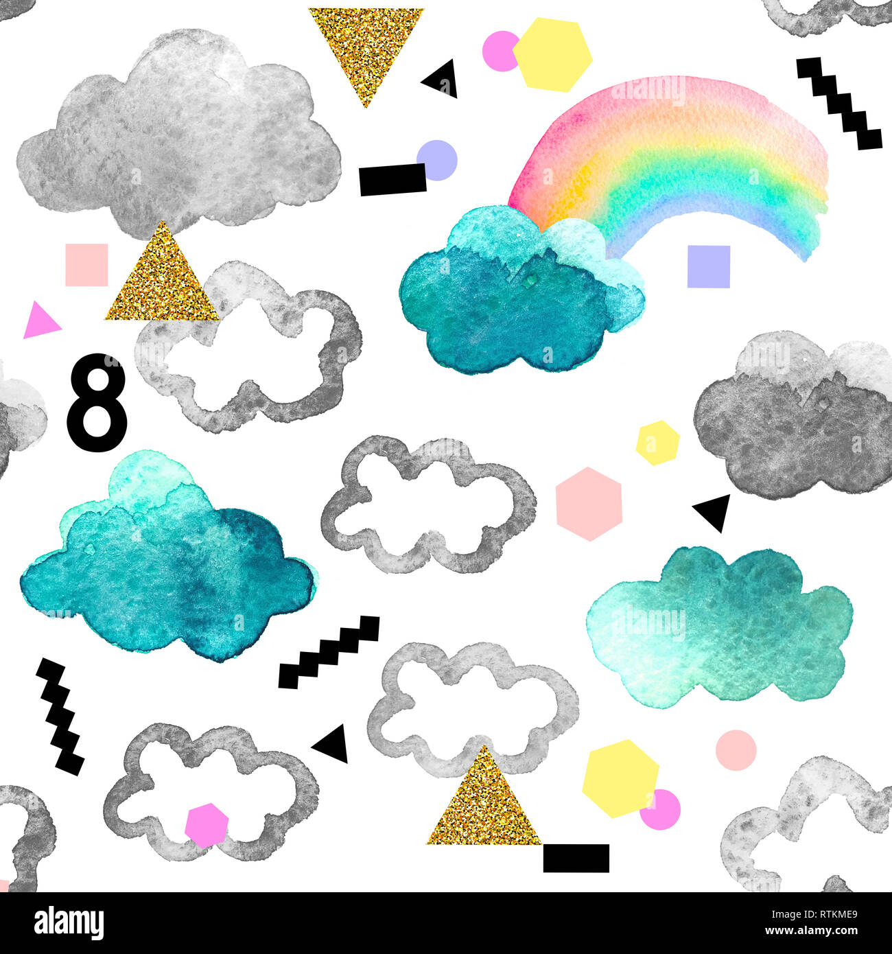 Cute watercolor clouds with rainbow and gold glitter elements. Seamless ...