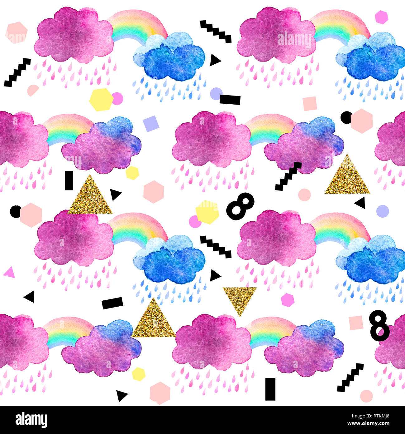 Cute watercolor clouds with rainbow and gold glitter elements. Seamless ...