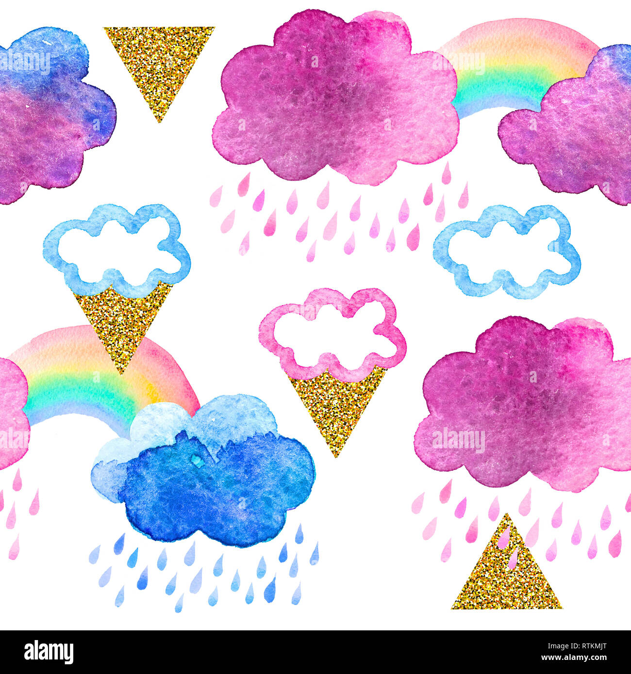 Cute watercolor clouds with rainbow and gold glitter elements. Seamless ...