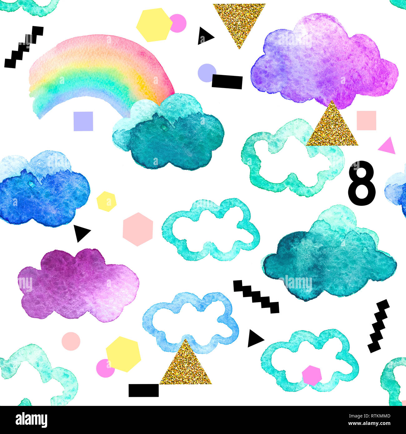Cute watercolor clouds with rainbow and gold glitter elements. Seamless ...