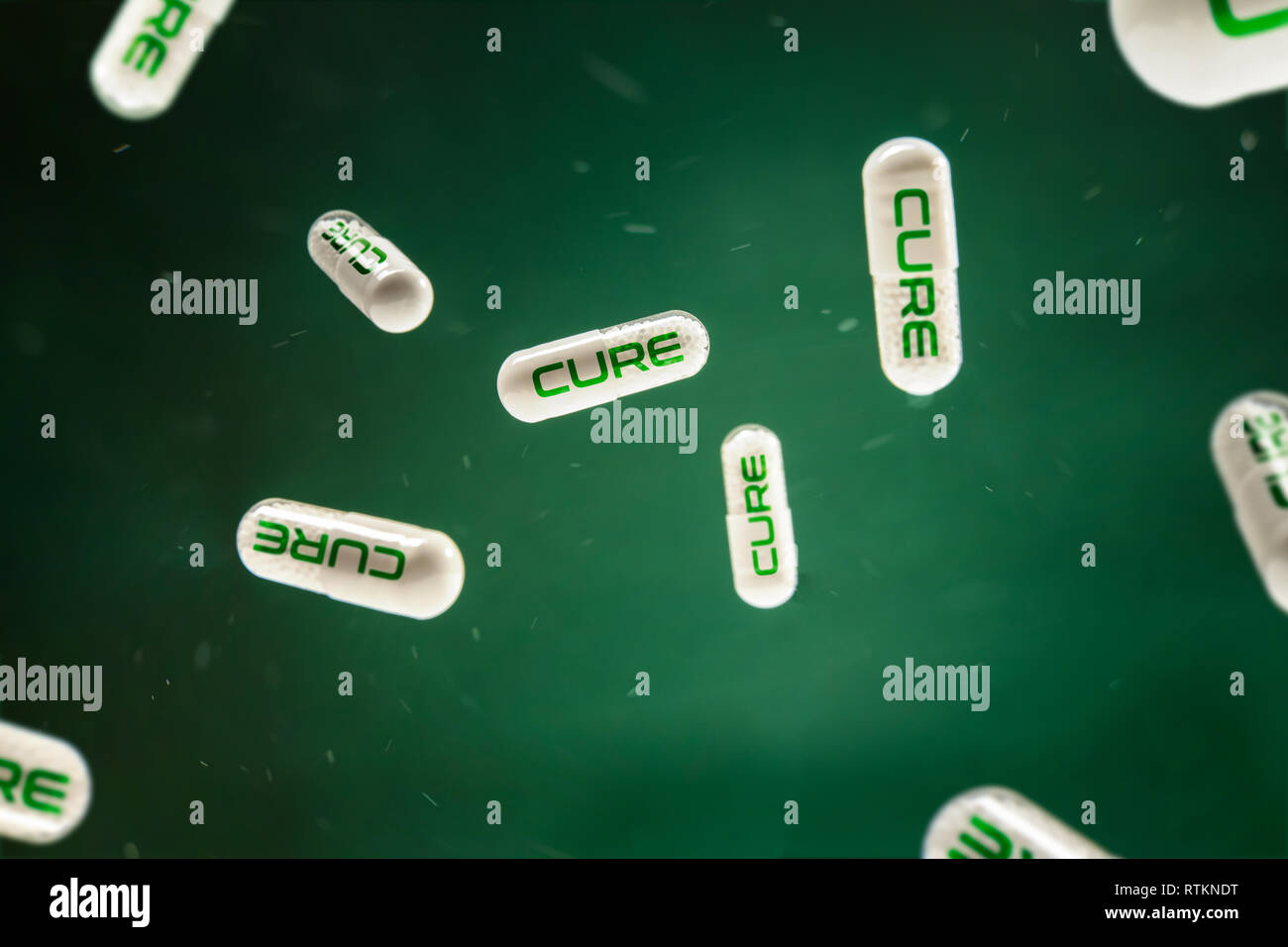 Pills with "cure" sign hangs on the green background. Conception of new ...