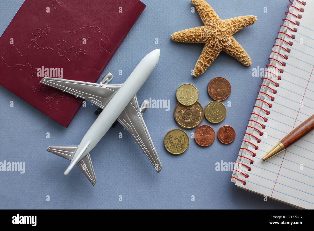 Travel background concept with airplane and notes Stock Photo - Alamy