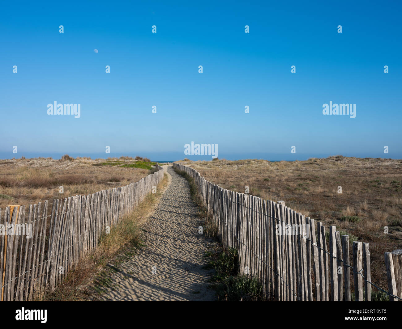 Sandy beach path with wooden railings. Pathway to beach and ocean sea ...