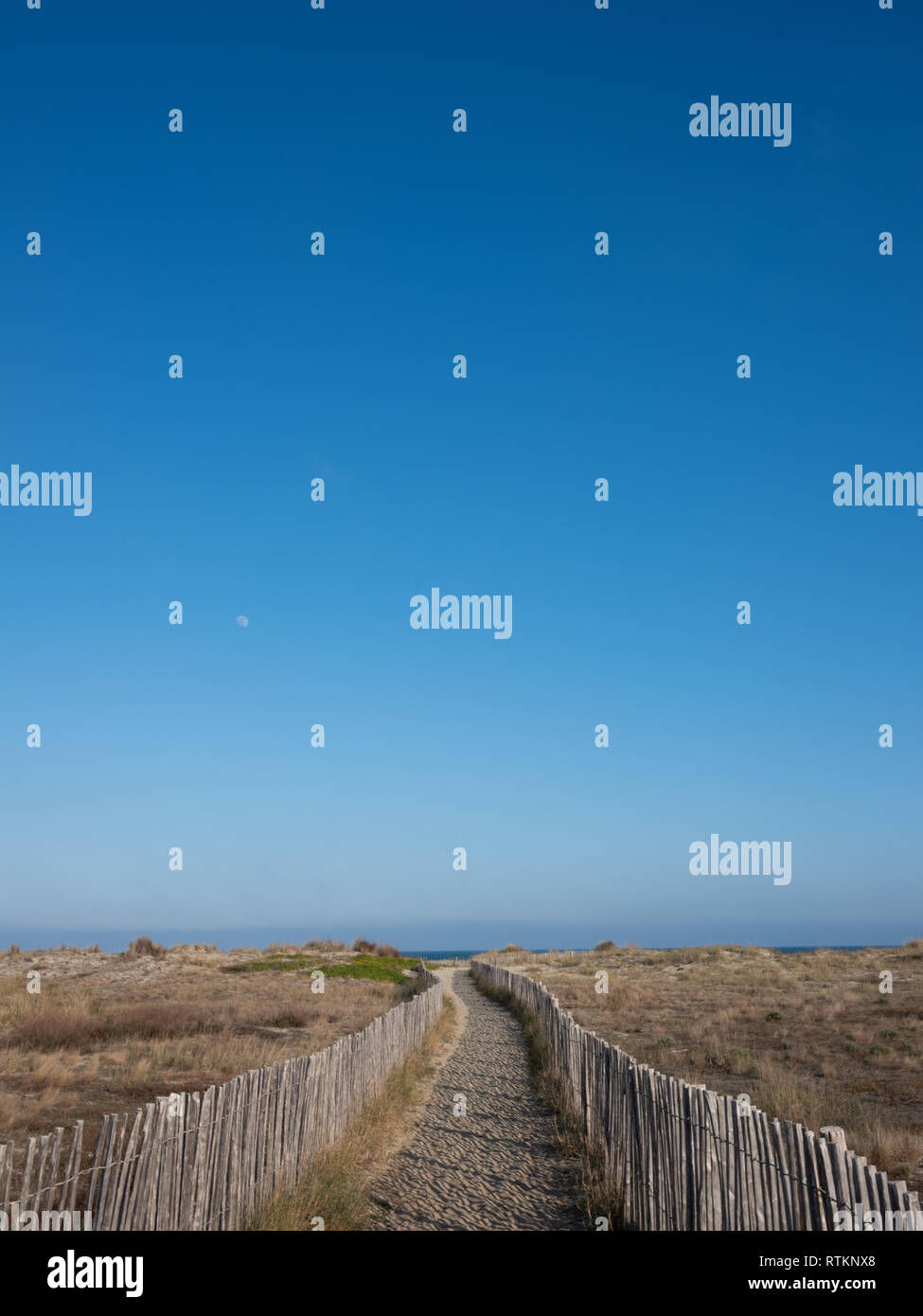 Sandy beach path with wooden railings. Pathway to beach and ocean sea ...