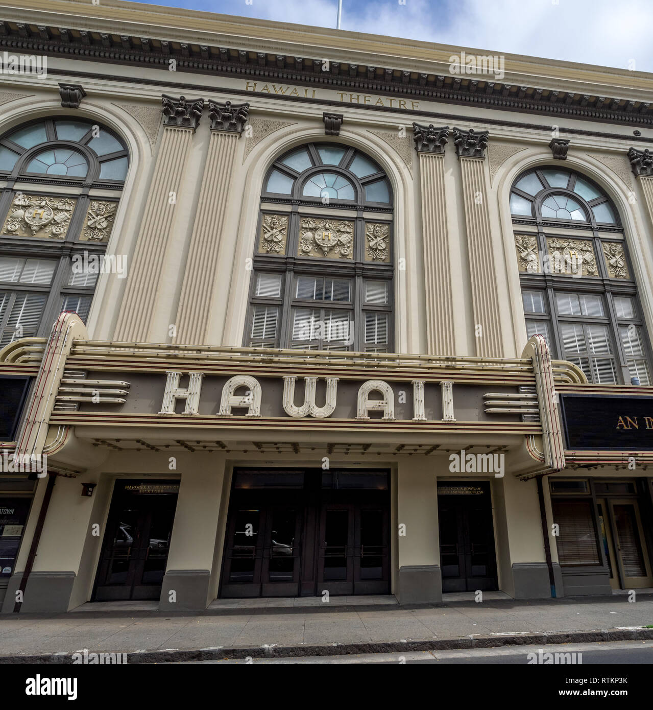 View of the facade of the historic Hawaii State Theater on August 6 ...