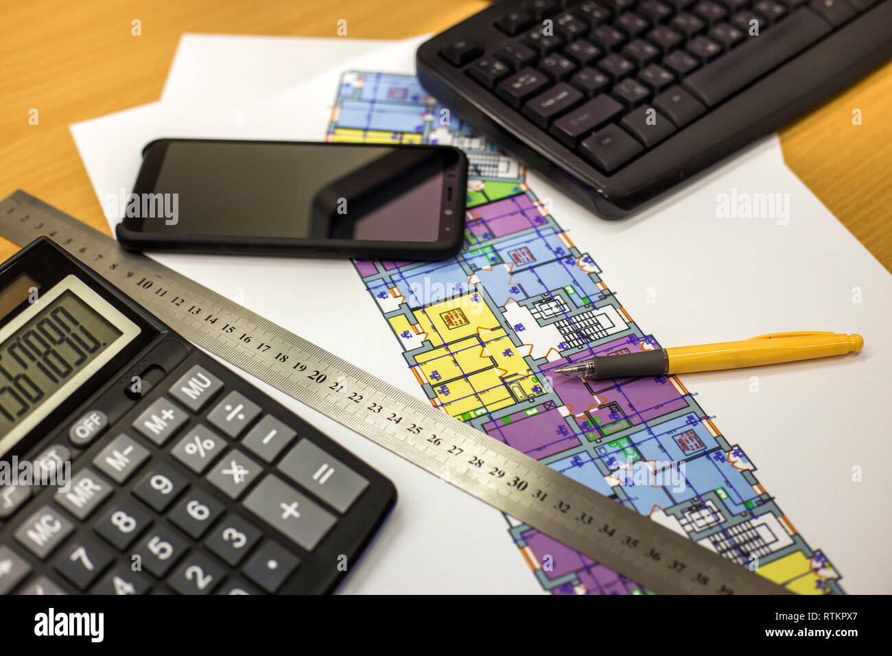 Calcurator, pen and ruler on building house architecture plan drawing ...