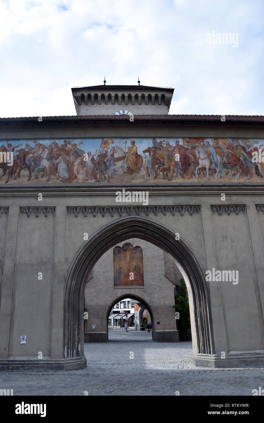 German, Munich - April 2018: Isartor - main gate of the medieval Munich ...