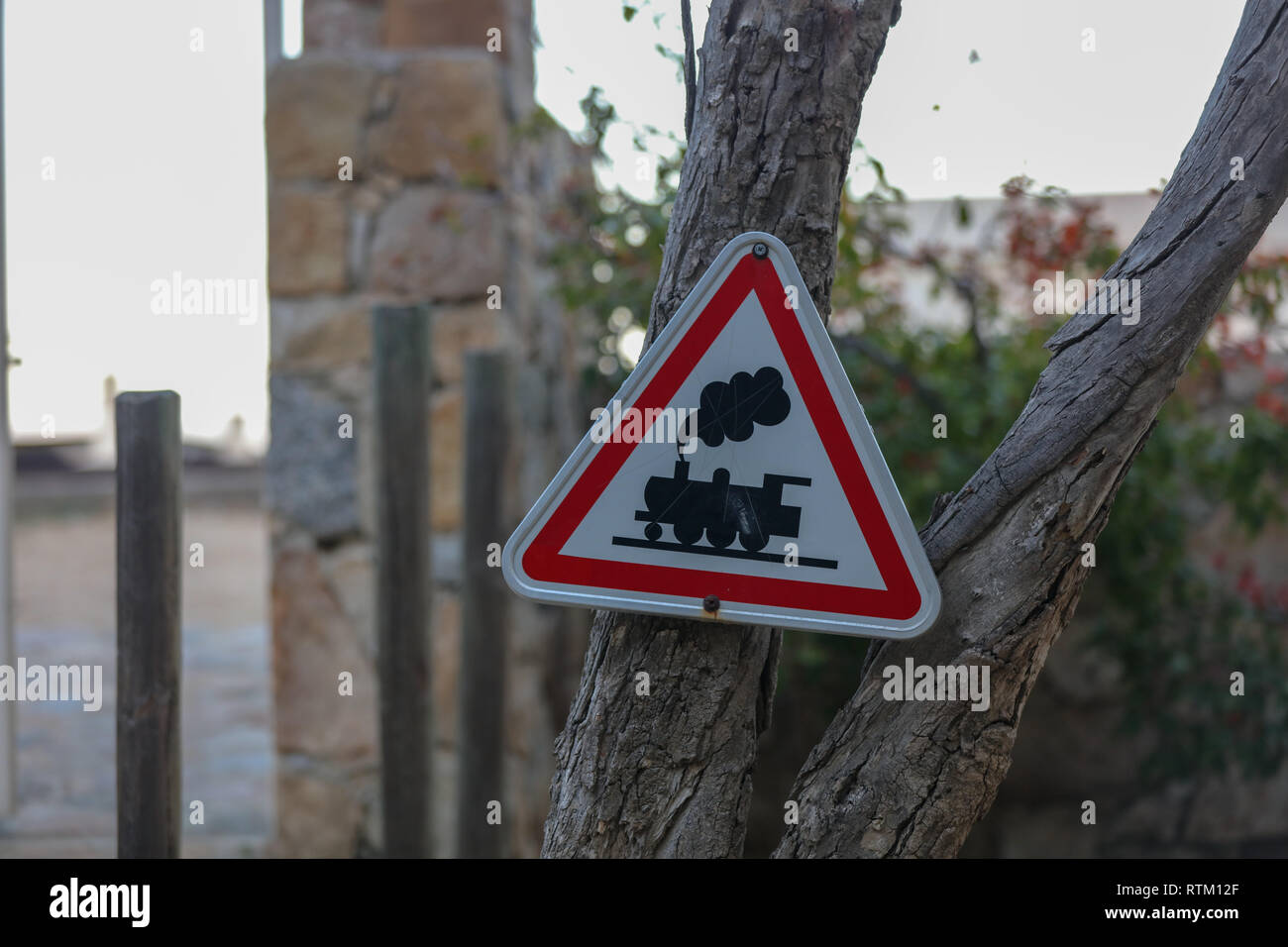 railway train warning sign Stock Photo - Alamy