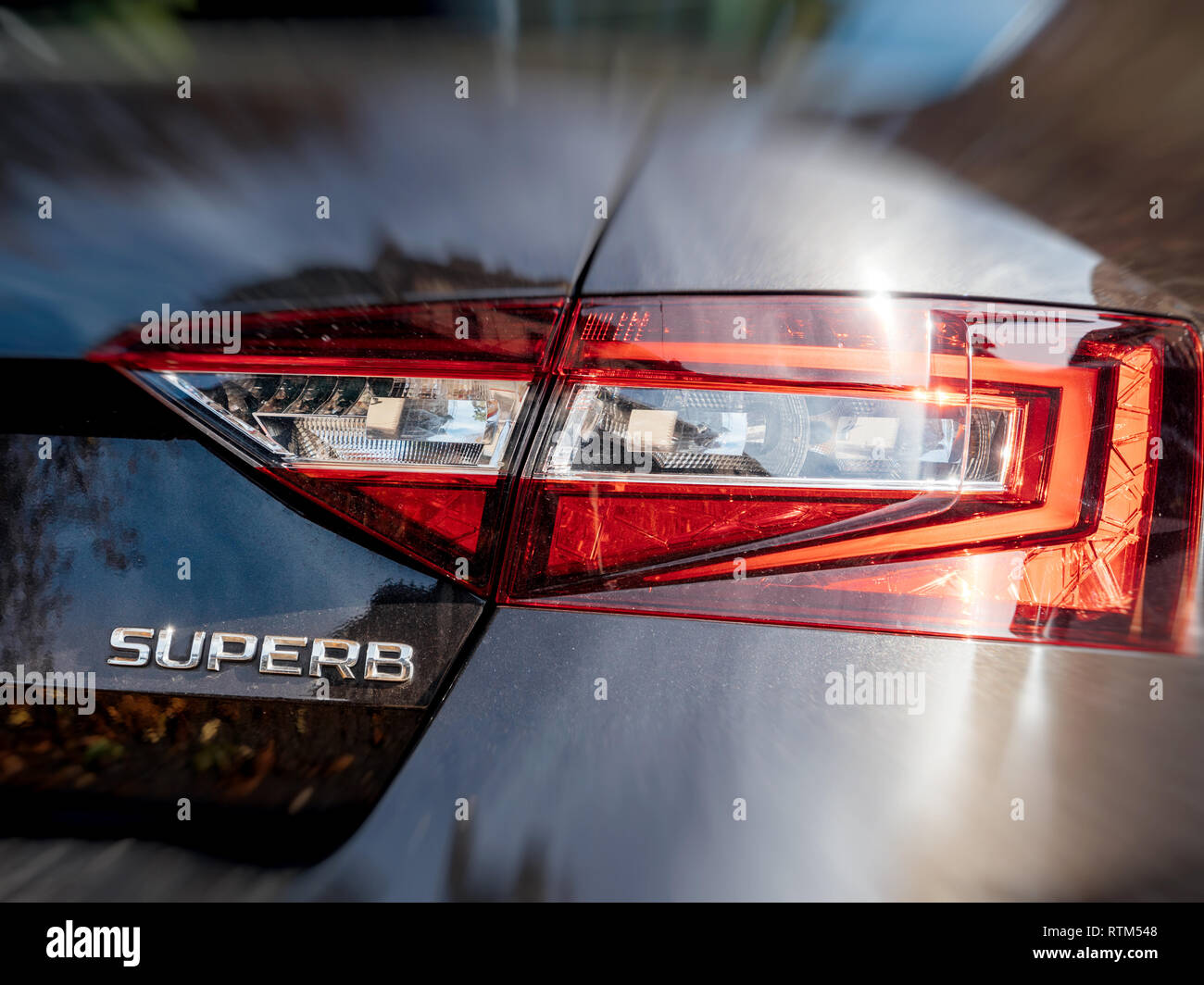 STRASBOURG, FRANCE - OCT 1, 2017: Rear view of Skoda Superb luxury ...