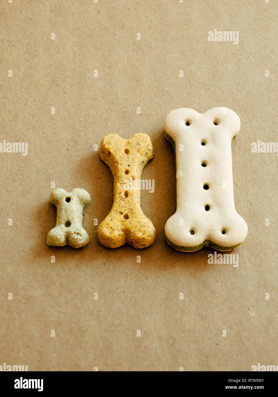 Three bone shaped dry pet doog food in diverse colors and size on a ...