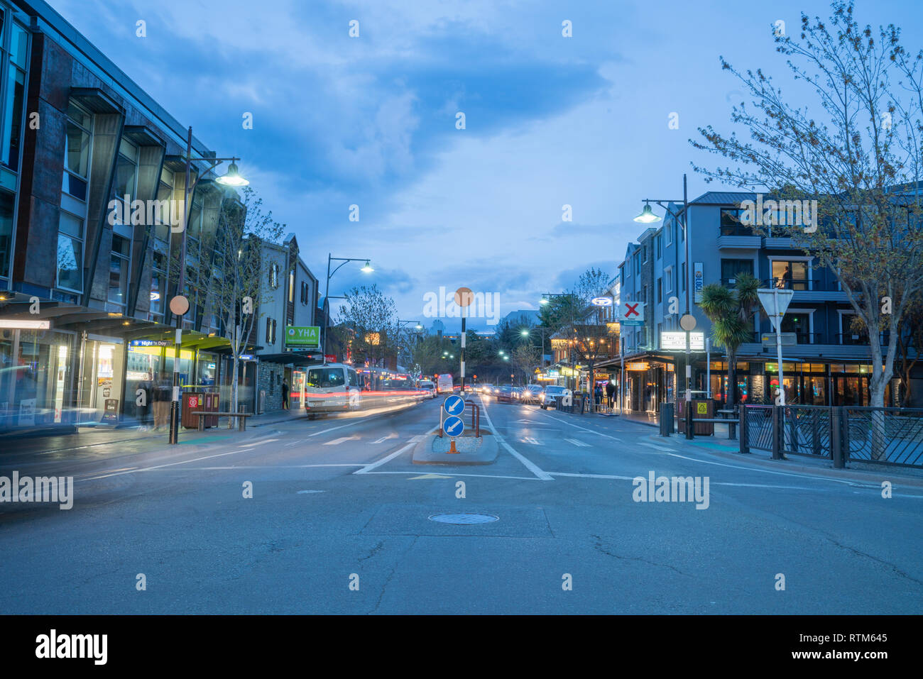 QUEENSTOWN NEW ZEALAND - OCTOBER 17 2018; streets and lights in ...