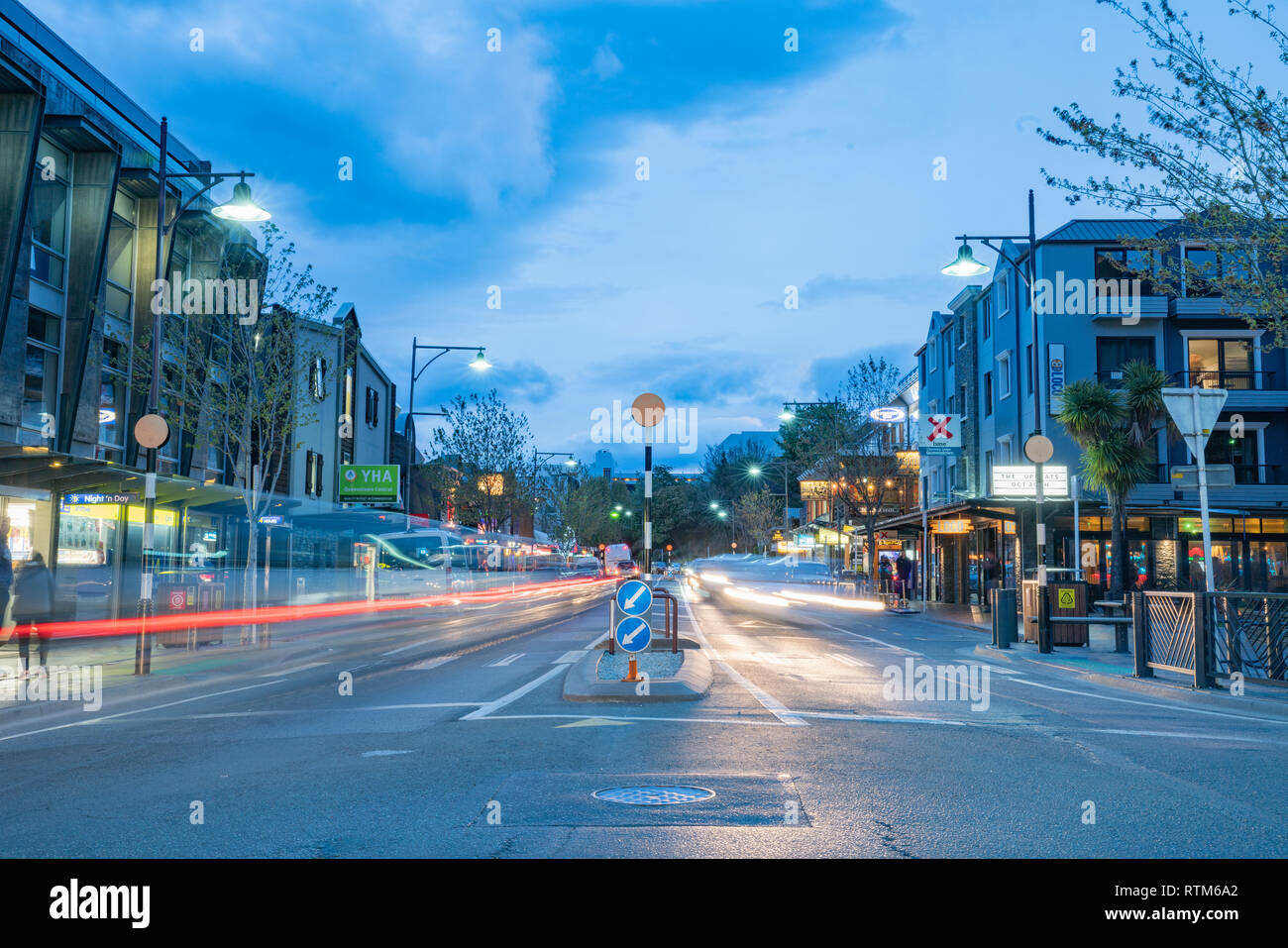 QUEENSTOWN NEW ZEALAND - OCTOBER 17 2018; streets and lights of city ...