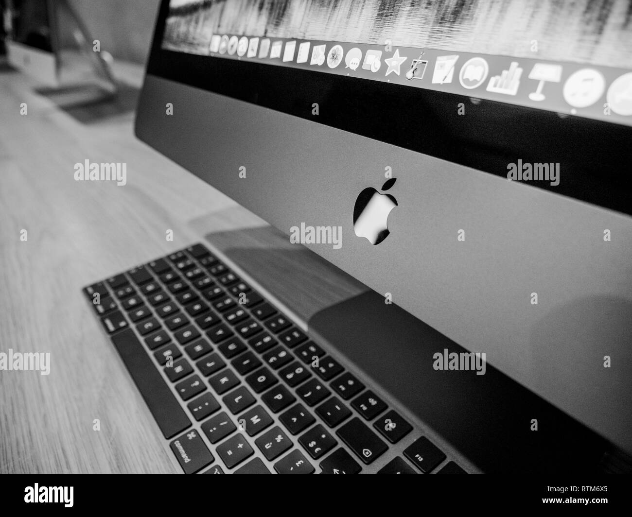 STRASBOURG, FRANCE - JAN 11, 2018: Apple logo on the new iMac Pro the ...