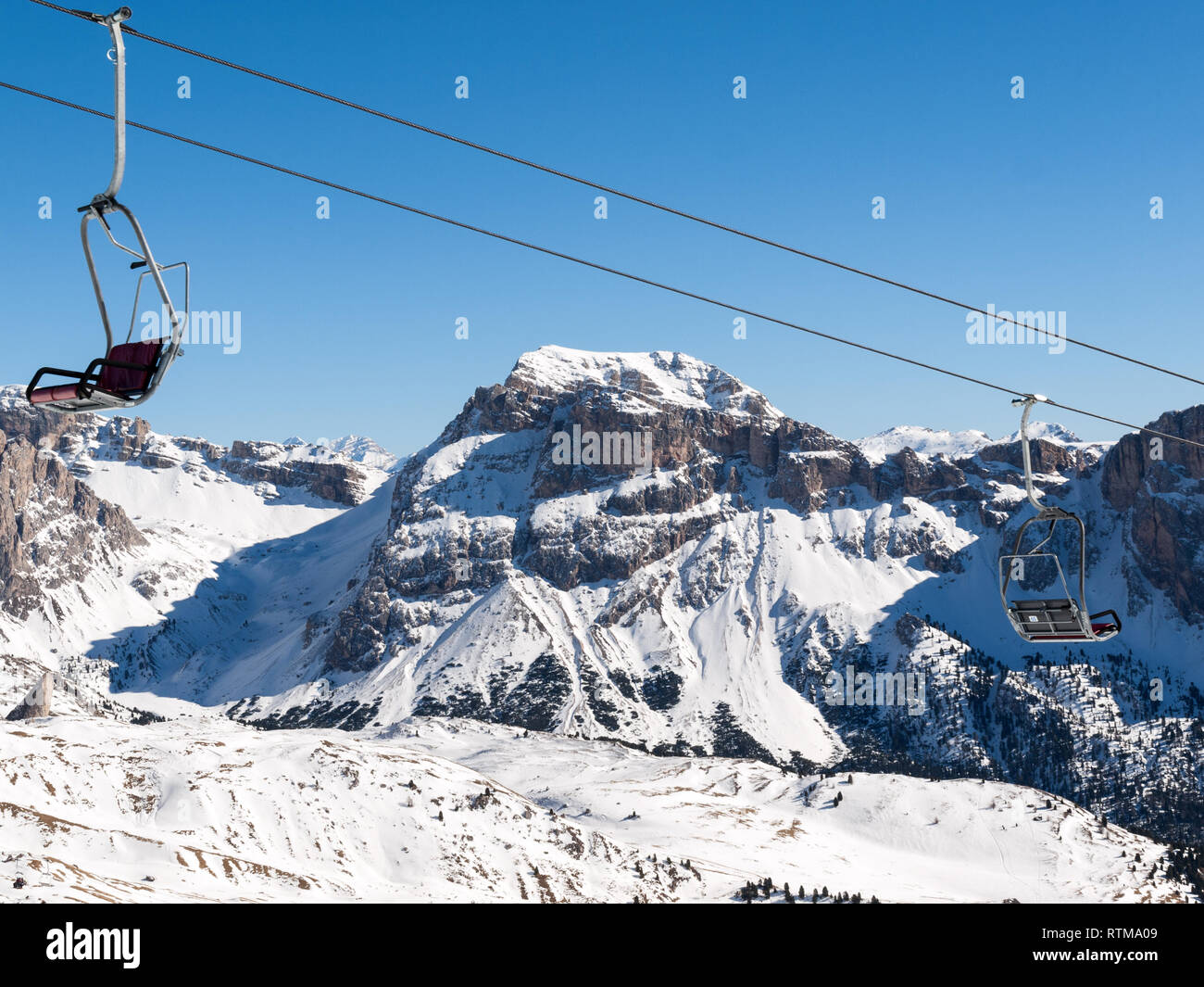 Skiing area in the Dolomites Alps. Overlooking the Sella group in Val ...