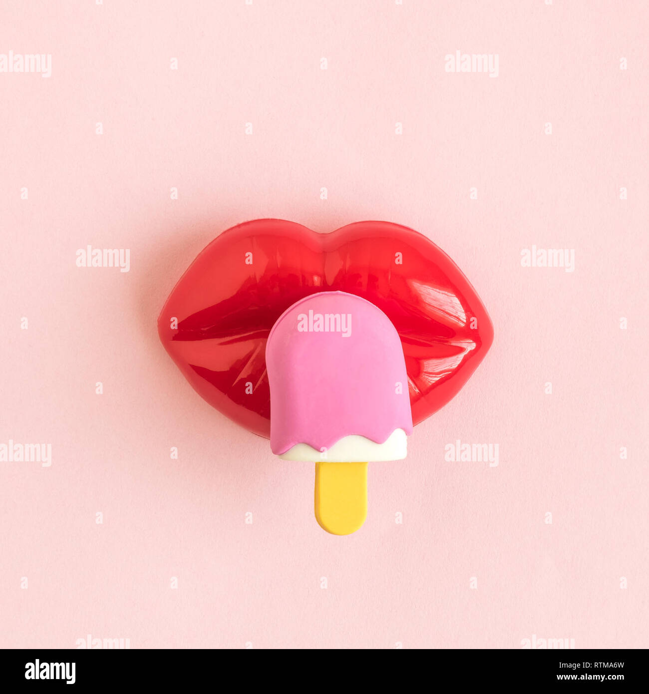 Lips with ice cream on stick isolated on pastel pink background minimal ...