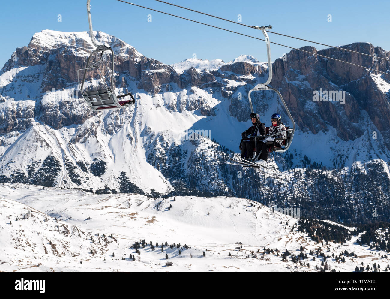 Skiing area in the Dolomites Alps. Overlooking the Sella group in Val ...