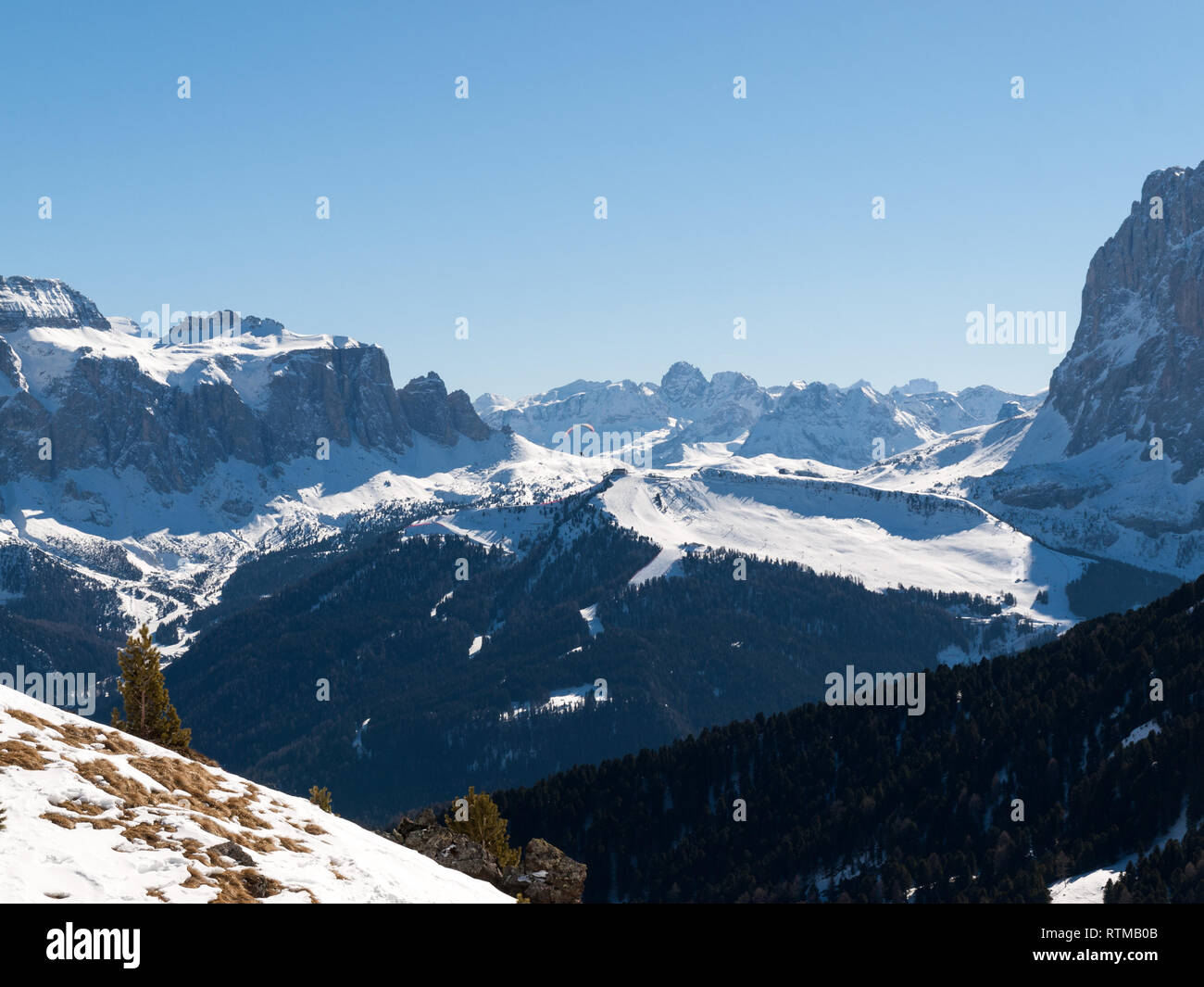 Skiing area in the Dolomites Alps. Overlooking the Sella group in Val ...