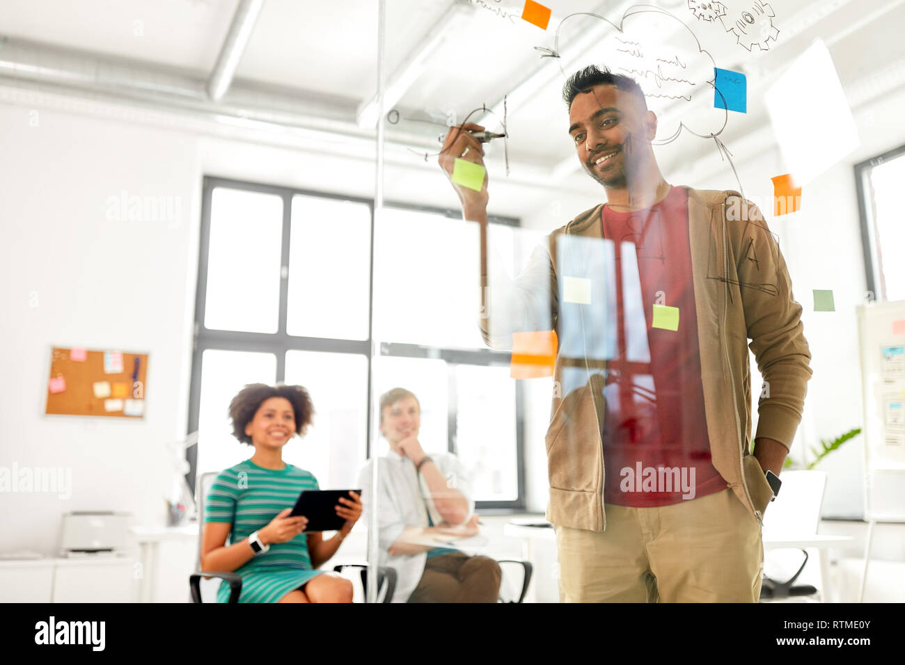 creative team with scheme on office glass board Stock Photo - Alamy