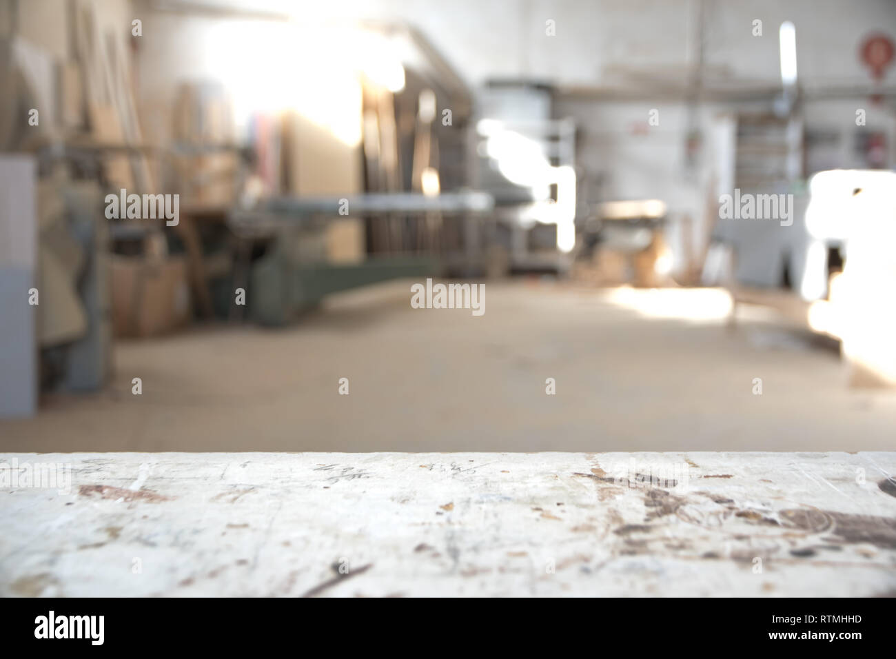 Blurred background of carpentry workshop. Machinery background and ...