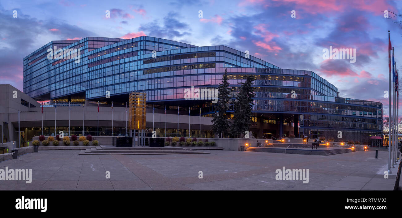 Panorama of city hall at sunrise in Calgary on November 6, 2016 in ...