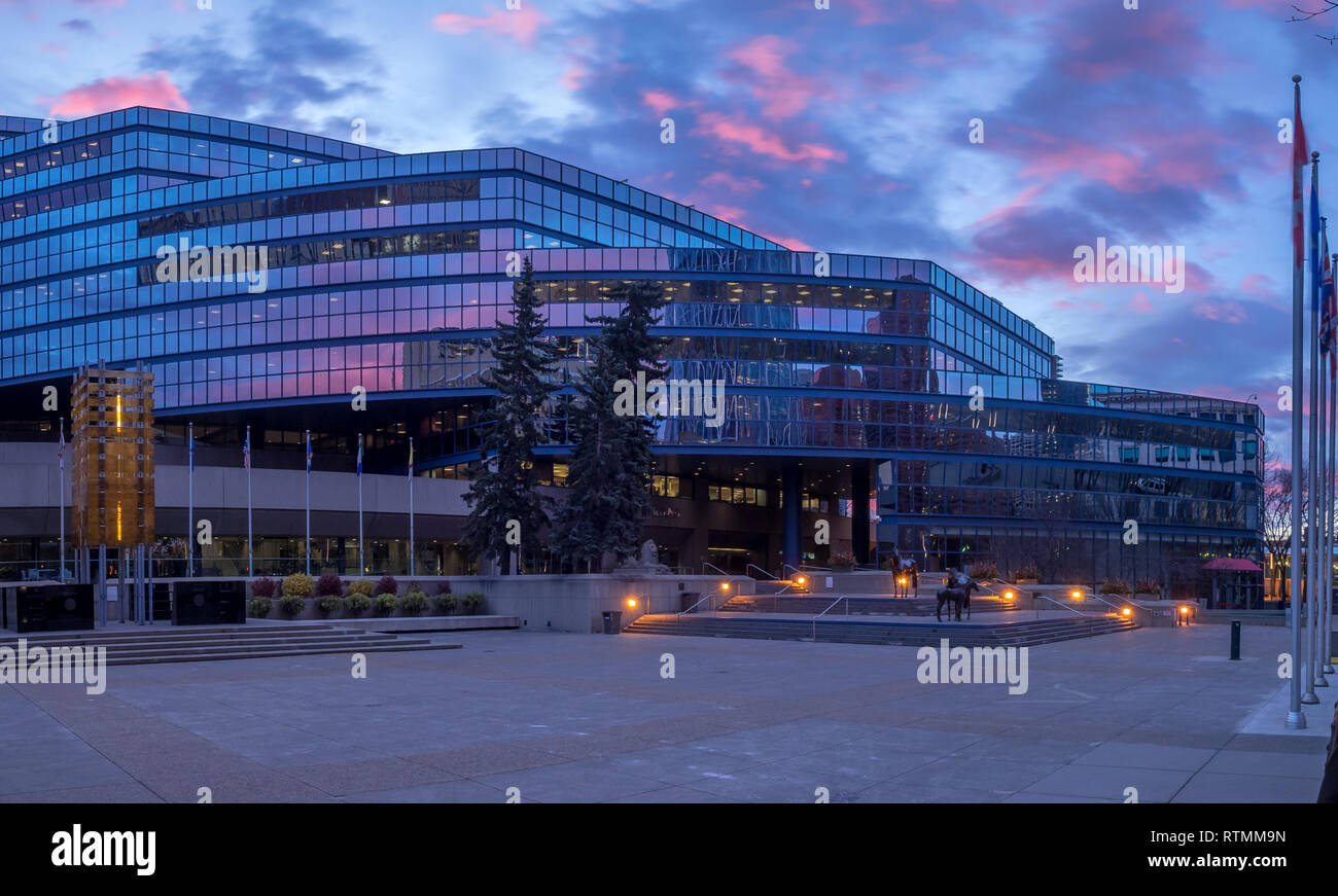 Panorama of city hall at sunrise in Calgary on November 6, 2016 in ...
