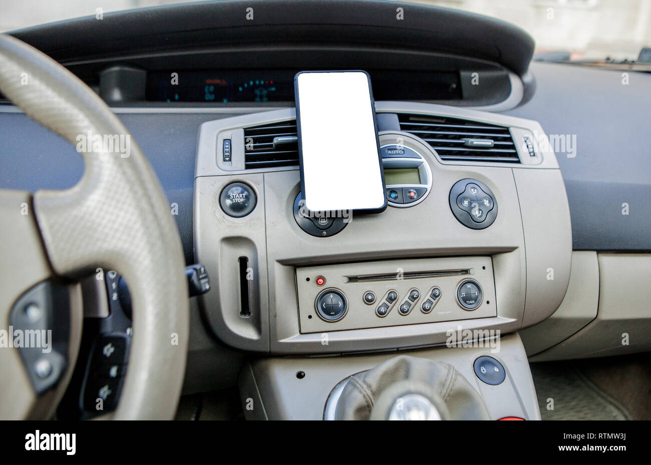 Smartphone in a car use for Navigate or GPS. Driving a car with ...