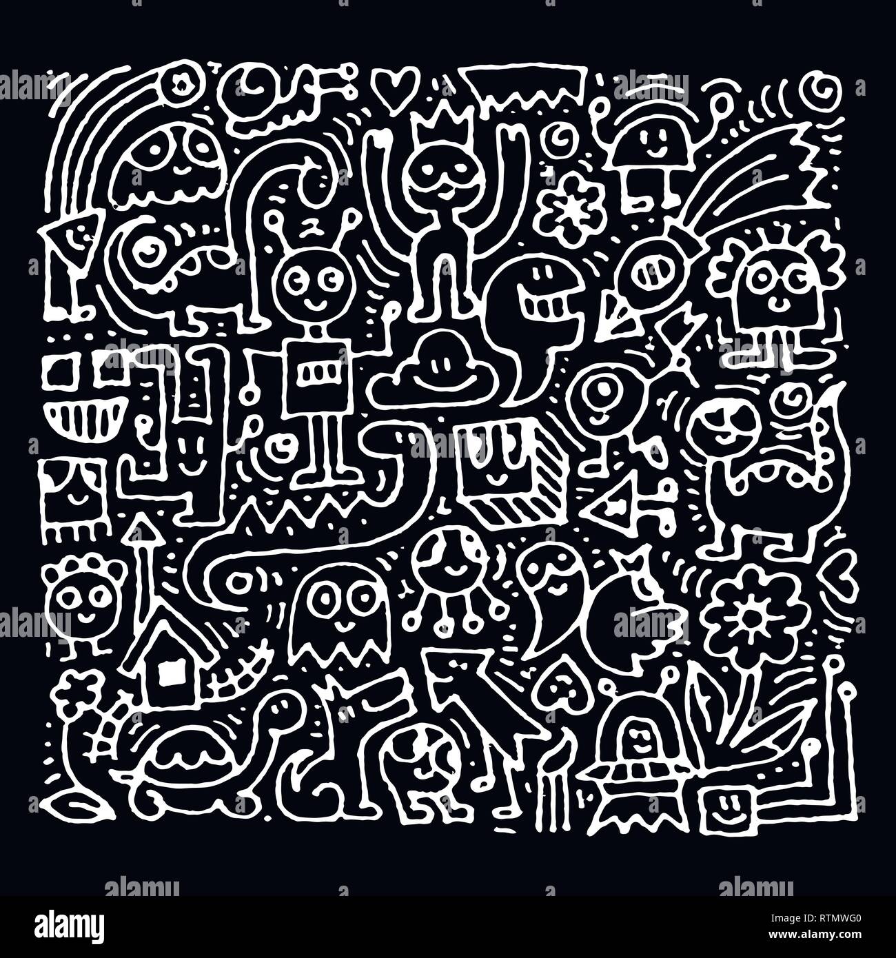 Cartoon cute doodles hand drawn grunge illustration. Line art scribble ...