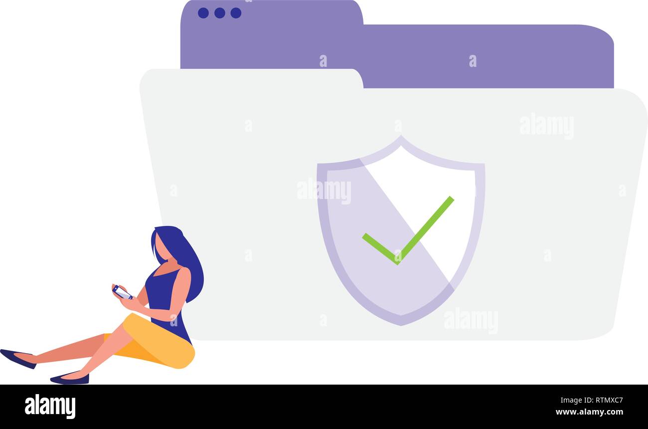 woman using folder document with shield vector illustration design ...