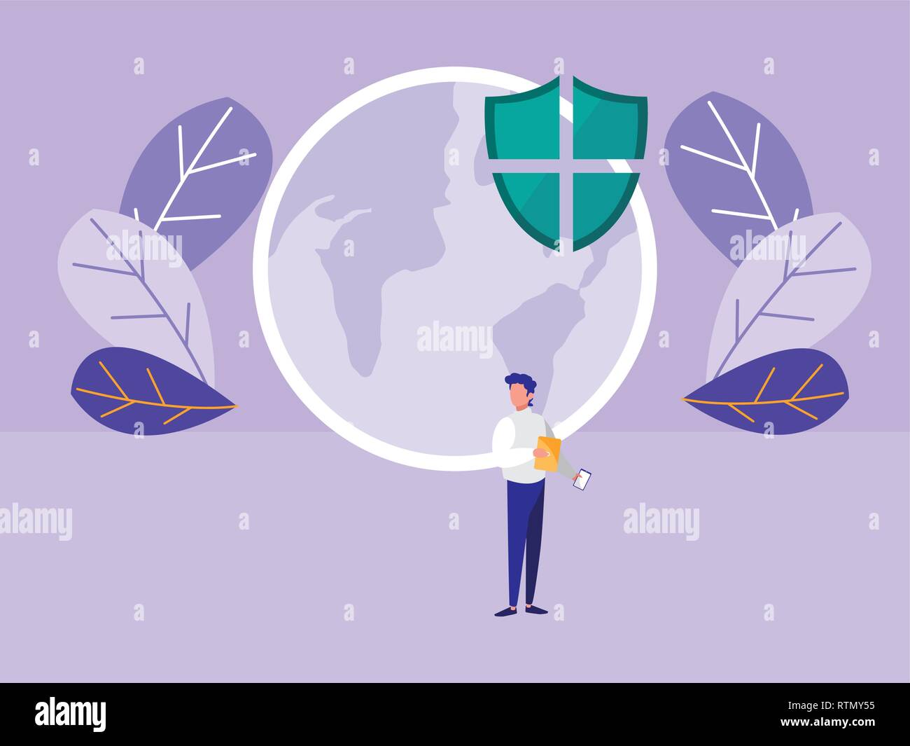 man with world planet earth and shield vector illustration design Stock ...