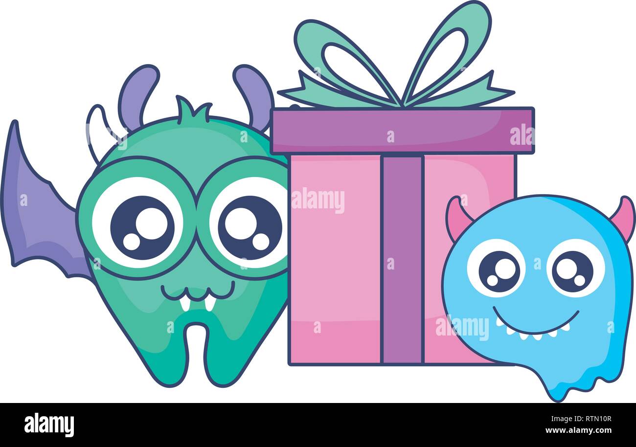 crazy monsters with gift comic characters vector illustration design ...