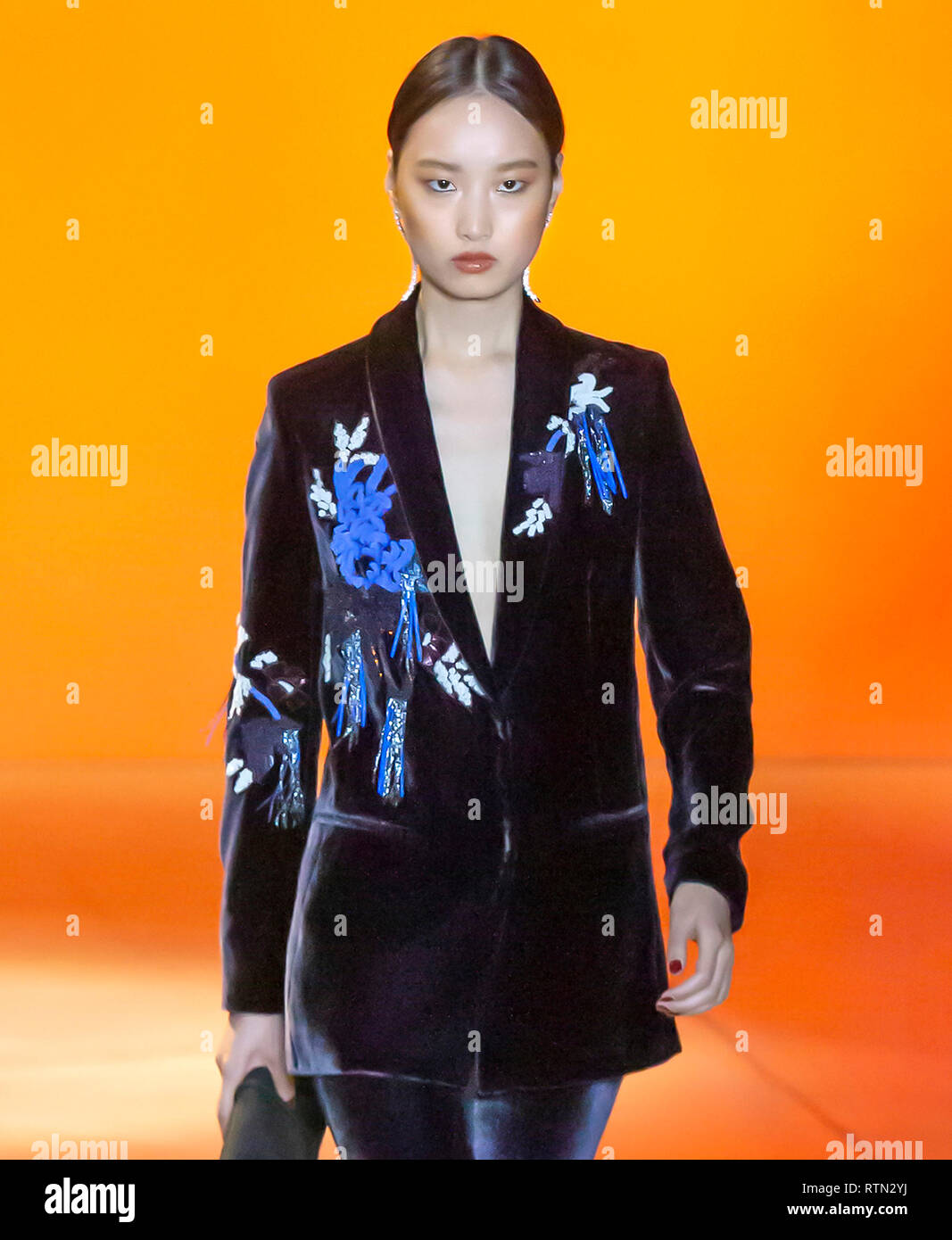New York, New York - February 08, 2019: Wang Han walks the runway at ...
