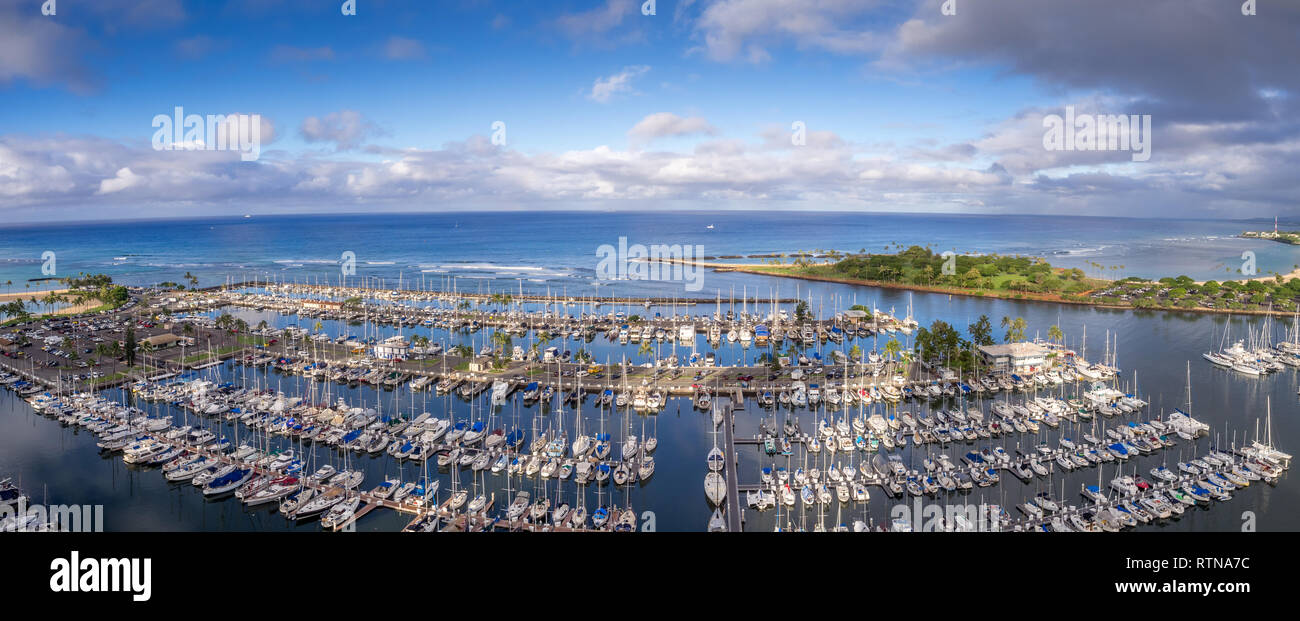Panoramic view of the Ala Wai Boat Harbor and Magic Island Lagoon in ...