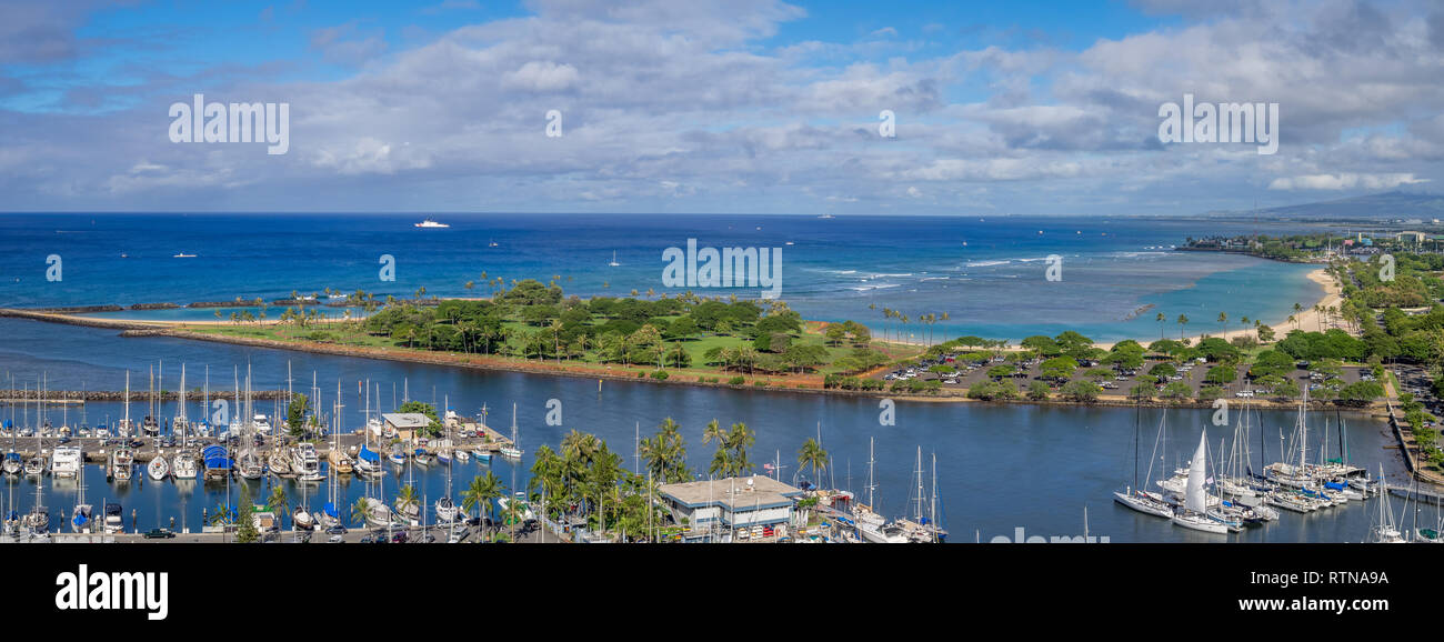 Panoramic view of the Ala Wai Boat Harbor and Magic Island Lagoon in ...