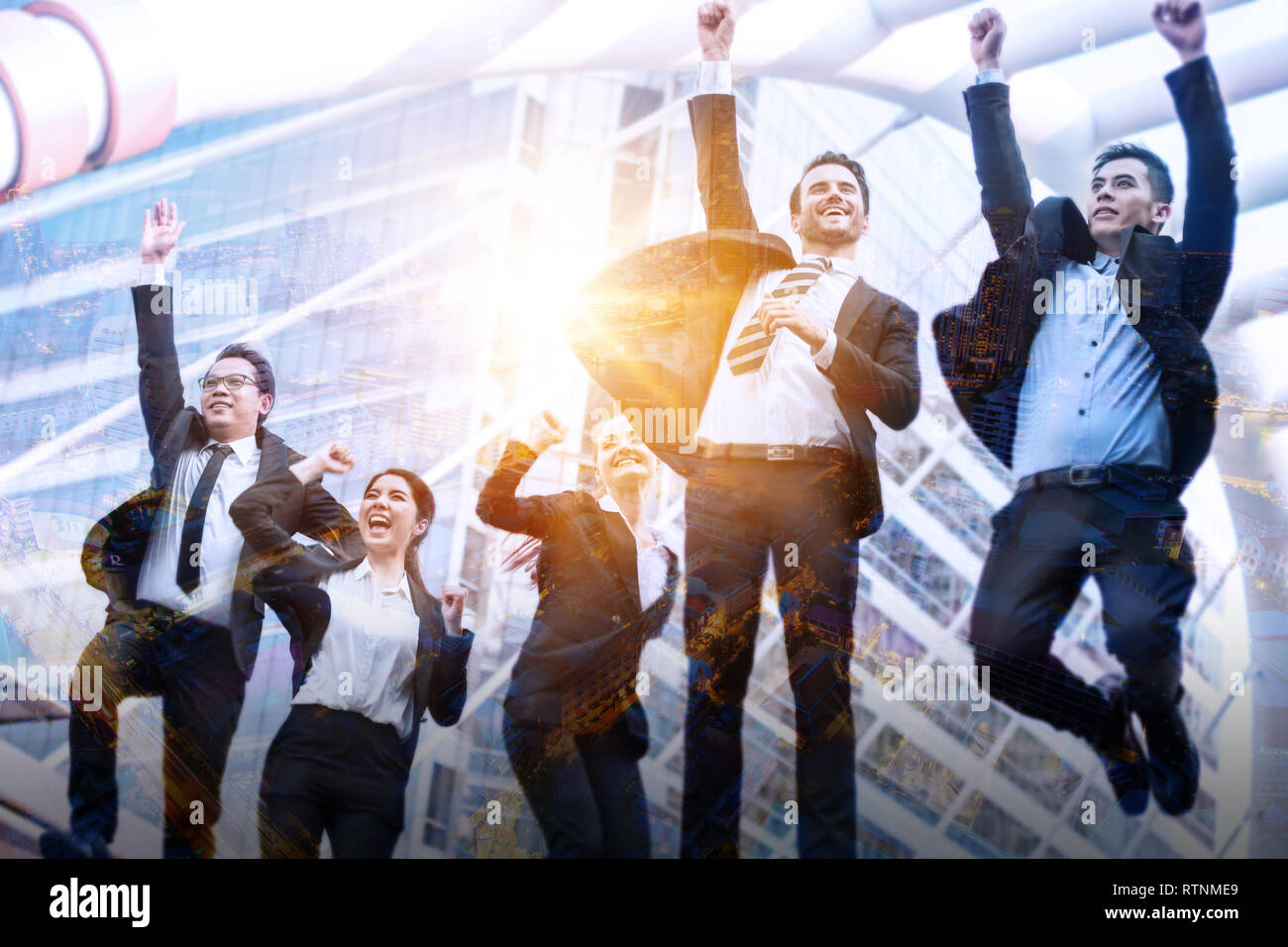 successful celebration team, group of business people jumping up to ...