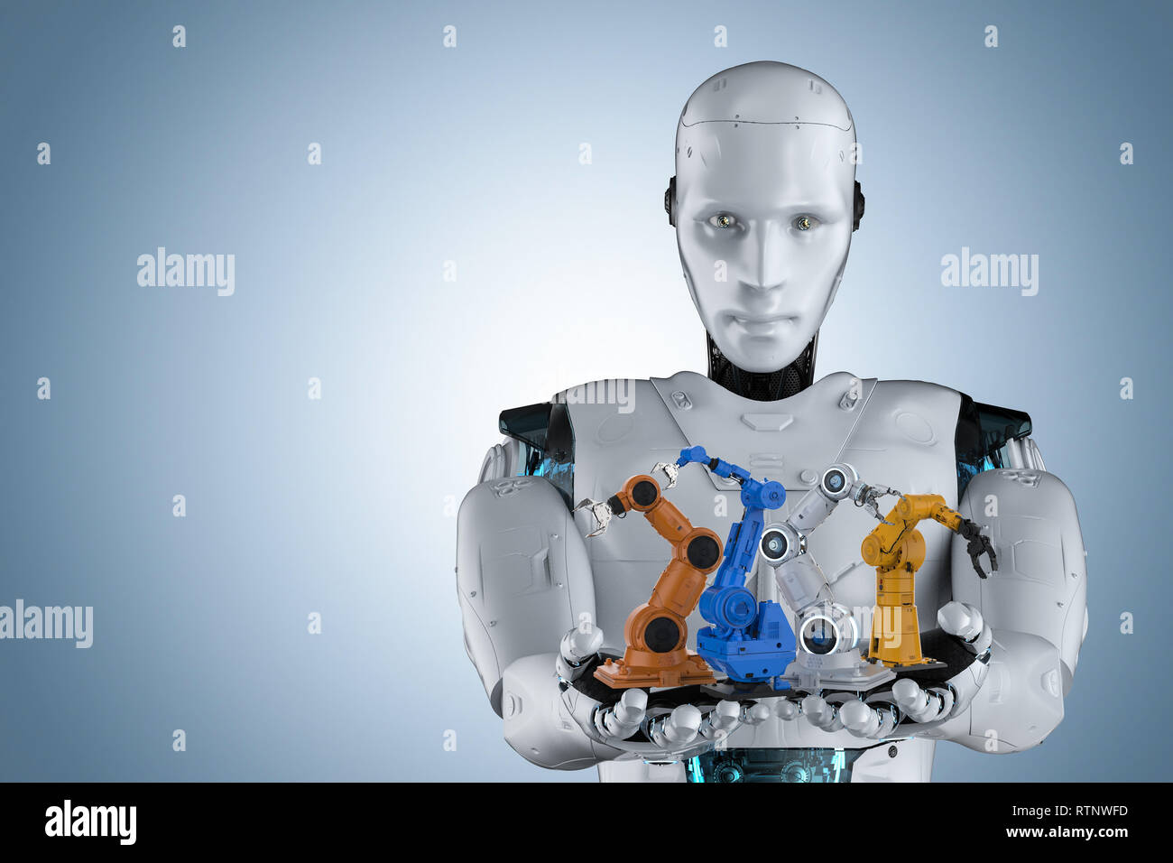 3d rendering cyborg holding three robot arms Stock Photo - Alamy