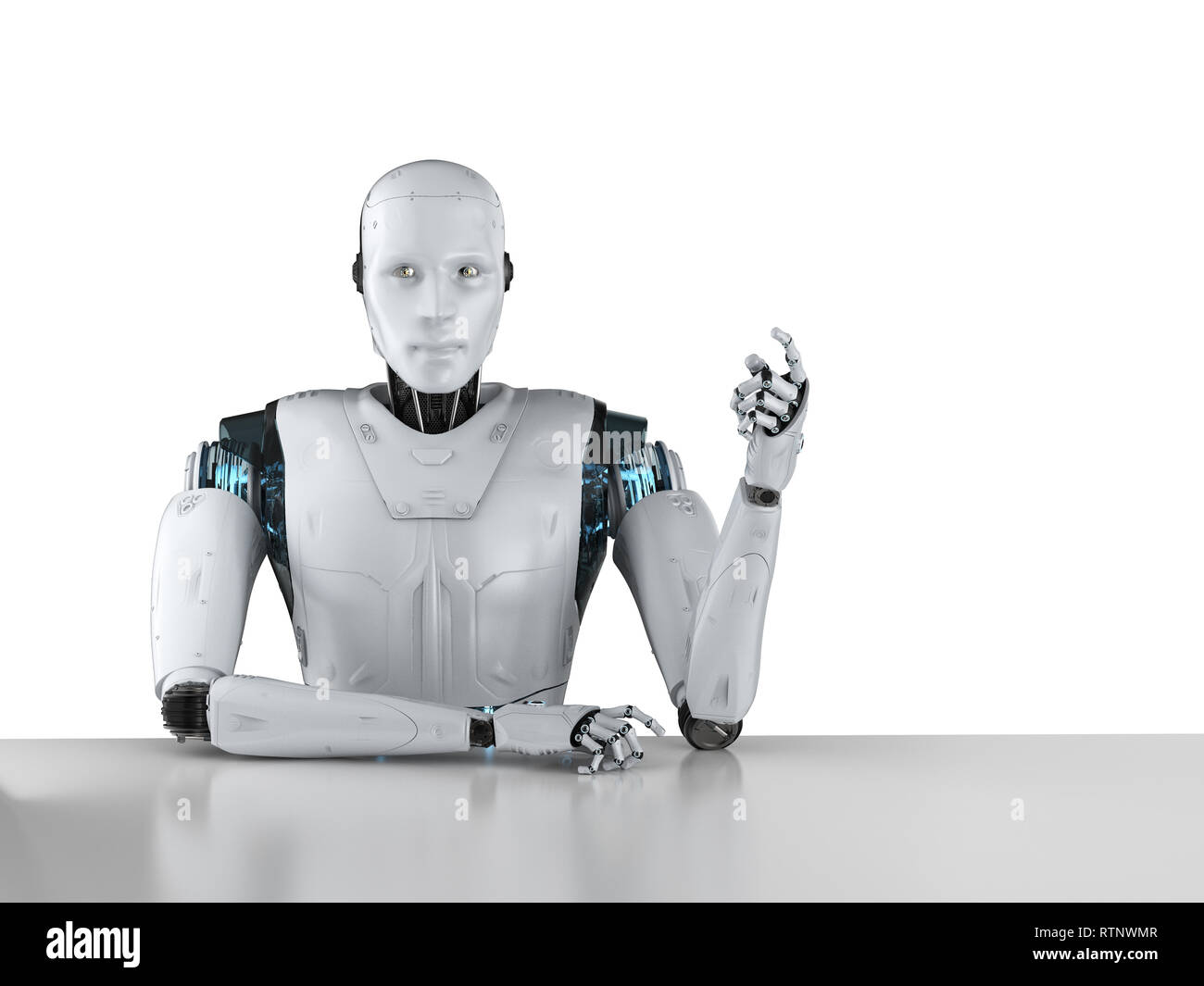 3d rendering humanoid robot sitting behind table on white background ...