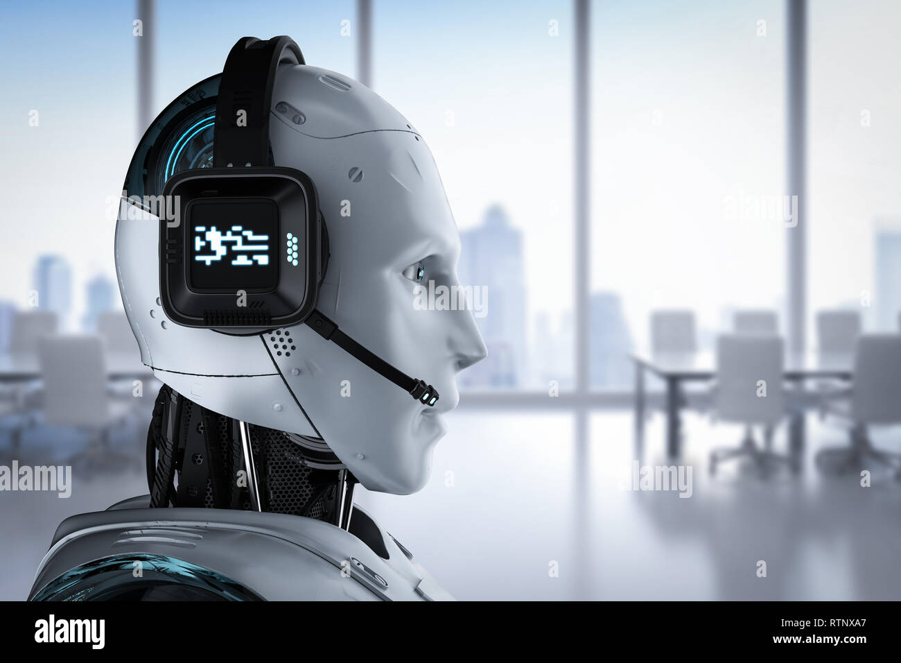 Chat bot concept with 3d rendering humanoid robot with headset Stock Photo - Alamy
