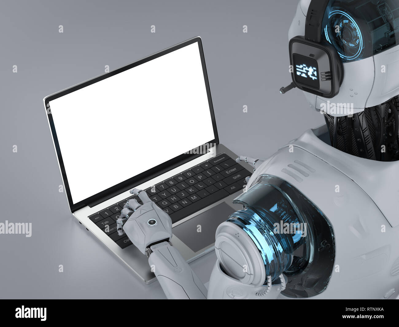 Chat bot concept with 3d rendering humanoid robot with headset work on ...