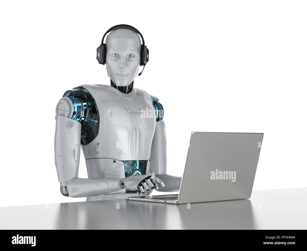 Chat bot concept with 3d rendering humanoid robot with headset work on computer notebook Stock ...